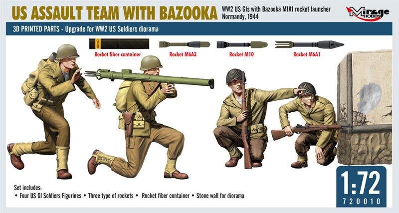 1/72 US Assault Team with Bazooka. WW2 US GIs with Bazooka M1A1 Rocke